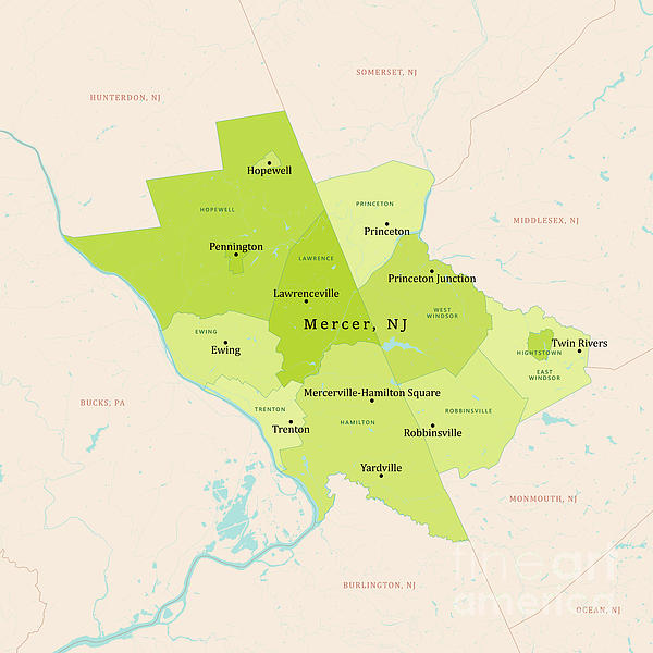 NJ Mercer County Vector Map Green T-Shirt by Frank Ramspott - Frank ...