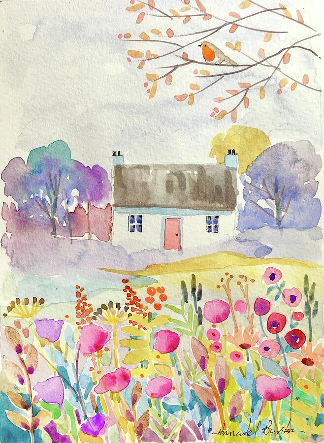 Cottage and Robin Painting by Annabel Burton - Pixels