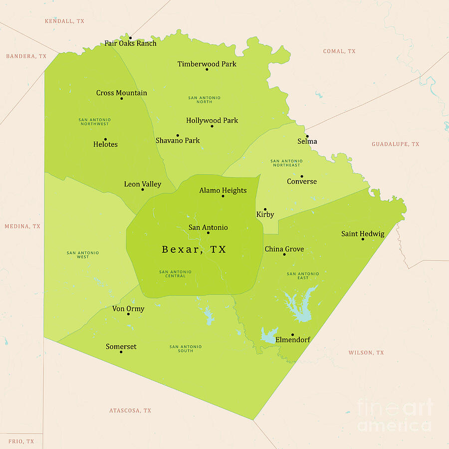 TX Bexar County Vector Map Green Digital Art by Frank Ramspott - Pixels